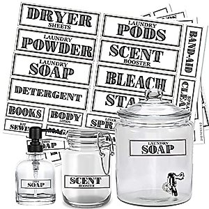 144 Laundry Room Labels for Containers, Prefdo Modern Farmhouse Waterproof Preprinted Canister Bin Stickers for Linen Closet and Laundryroom Organization(Black)