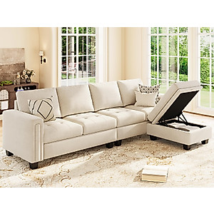 Belffin Velvet Reversible Sectional Sofa with Chasie Convertible L Shaped 4-seat Sectional Couch with Storage Ottoman Beige