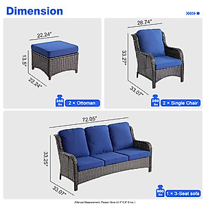 XIZZI Patio Furniture Sets with High Back Sofa,5 Pieces Outdoor Furniture Conversation Set,All Weather Wicker Outside Couch with Chairs and Ottomans,Brown Wicker Navy Blue