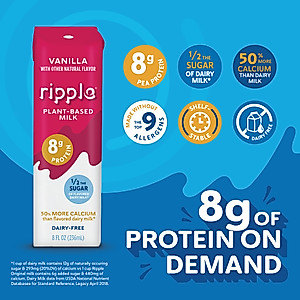 Ripple Non-Dairy Milk, Vanilla | Vegan Milk With 8g Pea Protein | Shelf Stable Single Serve Cartons | On-The-Go | Non-GMO, Plant Based, Gluten Free | 8 oz (Pack of 12)