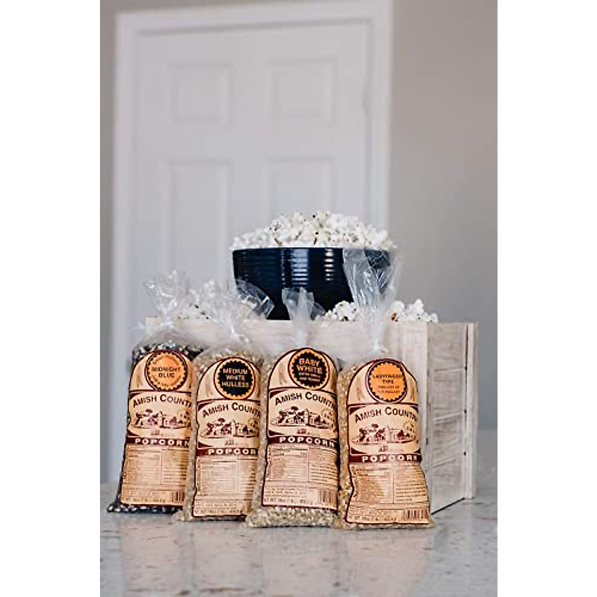 Amish Country Popcorn | 4-1 lb Bags | Variety Pack | 1 lb Baby White -1 lb Medium White - 1 lb Ladyfinger and 1 lb Midnight Blue Popcorn Kernels | Old Fashioned, Non-GMO and Gluten Free (4-1 lb Bags)
