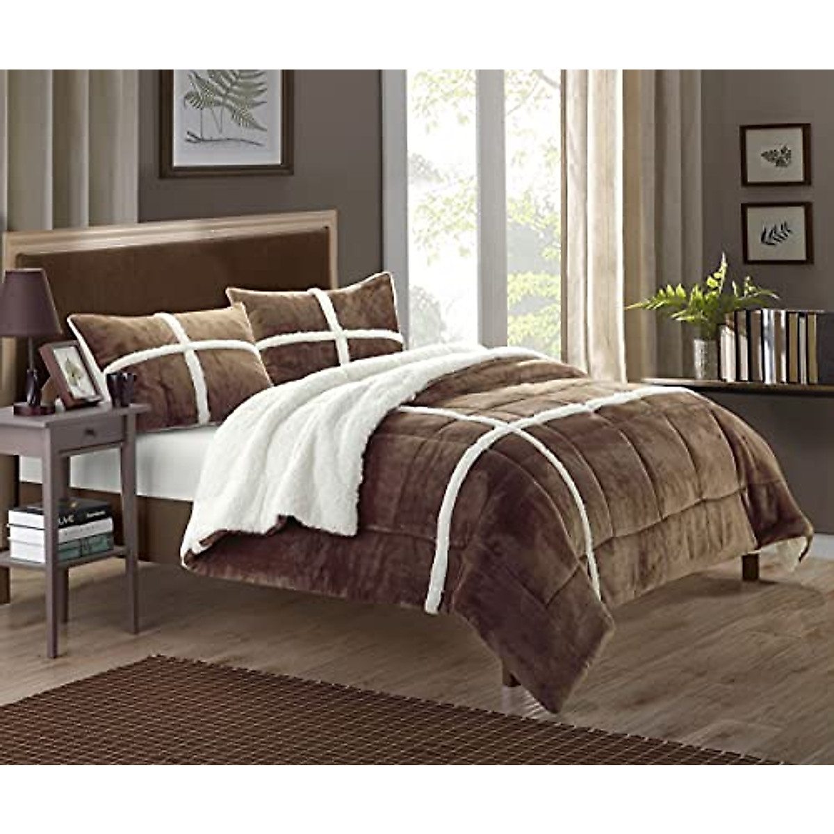 Chic Home 3 Piece Chloe Sherpa Lined Plush Micro Suede Comforter Set, King, Brown