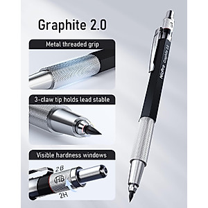 Nicpro 2.0 mm Mechanical Pencil Set, Artist Metal Lead Holder Metal Marker Carpenter pencils with 60 Graphite Lead Refill HB, 2H, 4H, 2B, 4B, Eraser, Sharpener for Draft Drawing, Writing Art Sketching