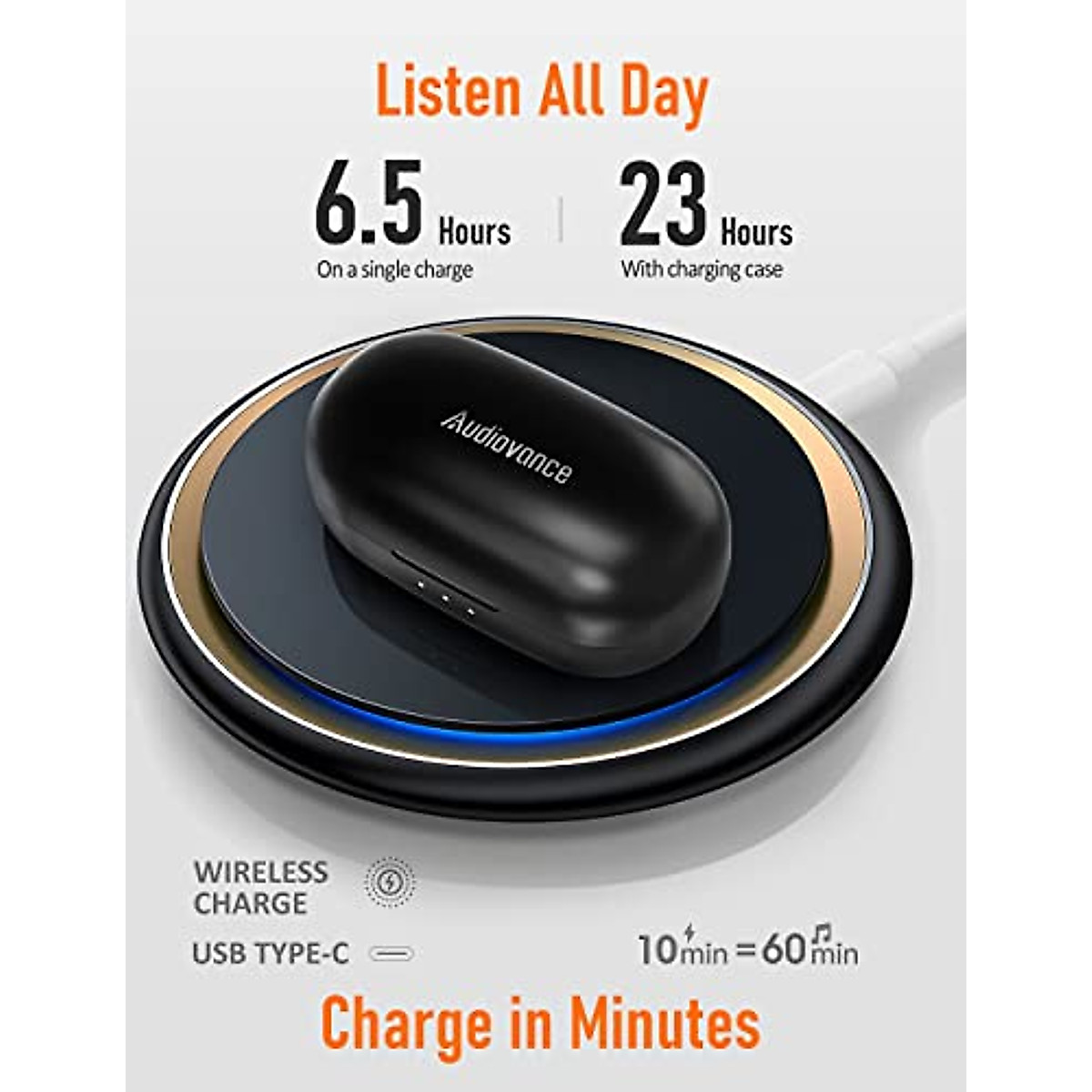 Audiovance IF301 Earbuds, Wireless Headphones Bluetooth Ear Buds for iPhone Android, Premium Sound, Immersive Music, Clear Calls, Noise Reduction, Wireless Charging, Waterproof, 23H Battery.
