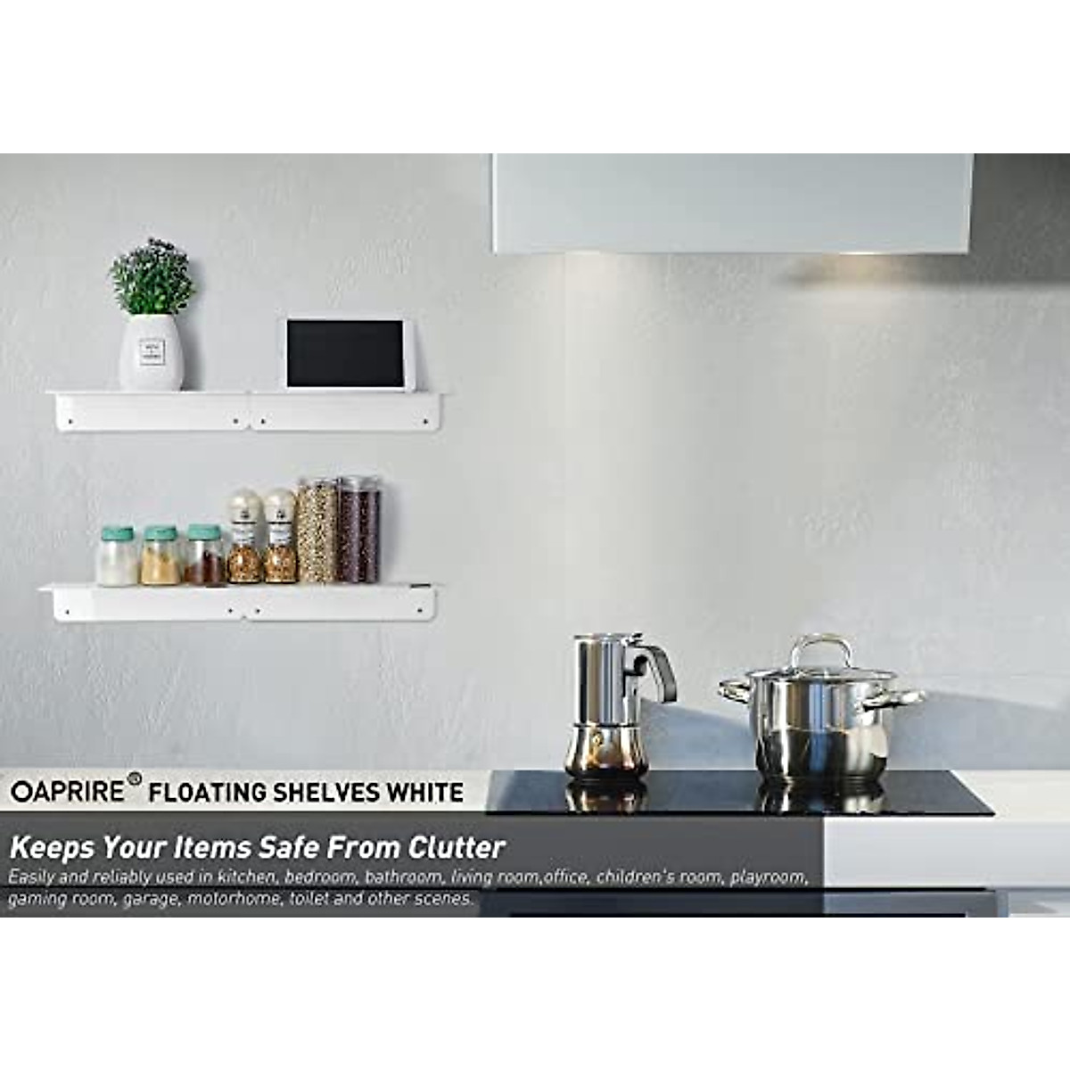 OAPRIRE Floating Shelves White Set of 2 - Damage Free Expand Wall Space - 12 Inch Command Shelf for Bedroom, Bathroom, Kitchen, Living Room, Small Acrylic Wall Shelves with Cable Clips