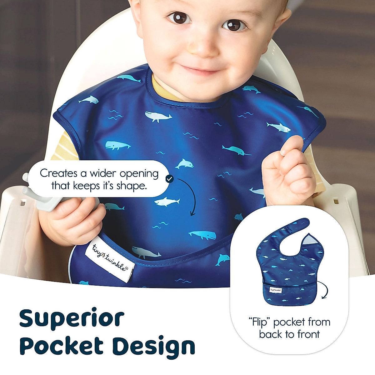 Tiny Twinkle Mess-Proof Baby Bib - Waterproof Bib for Baby Boy or Girl - Machine Washable - Adjustable Closure - PVC, BPA, & Phthalate Free - Great for Travel - Baby Food Bibs (3 Pack, Sea, Dino)