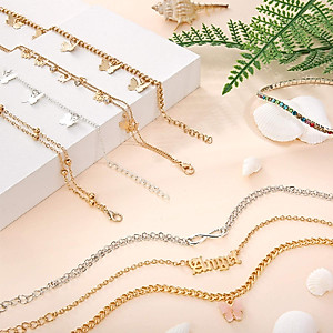 Hicarer 8 Pieces Anklets for Women Cute Charms Butterfly Ankle Bracelets Colorful Rhinestone Anklets Boho Beach Layered Chain Anklets for Girls Foot Jewelry (Delicate Style)