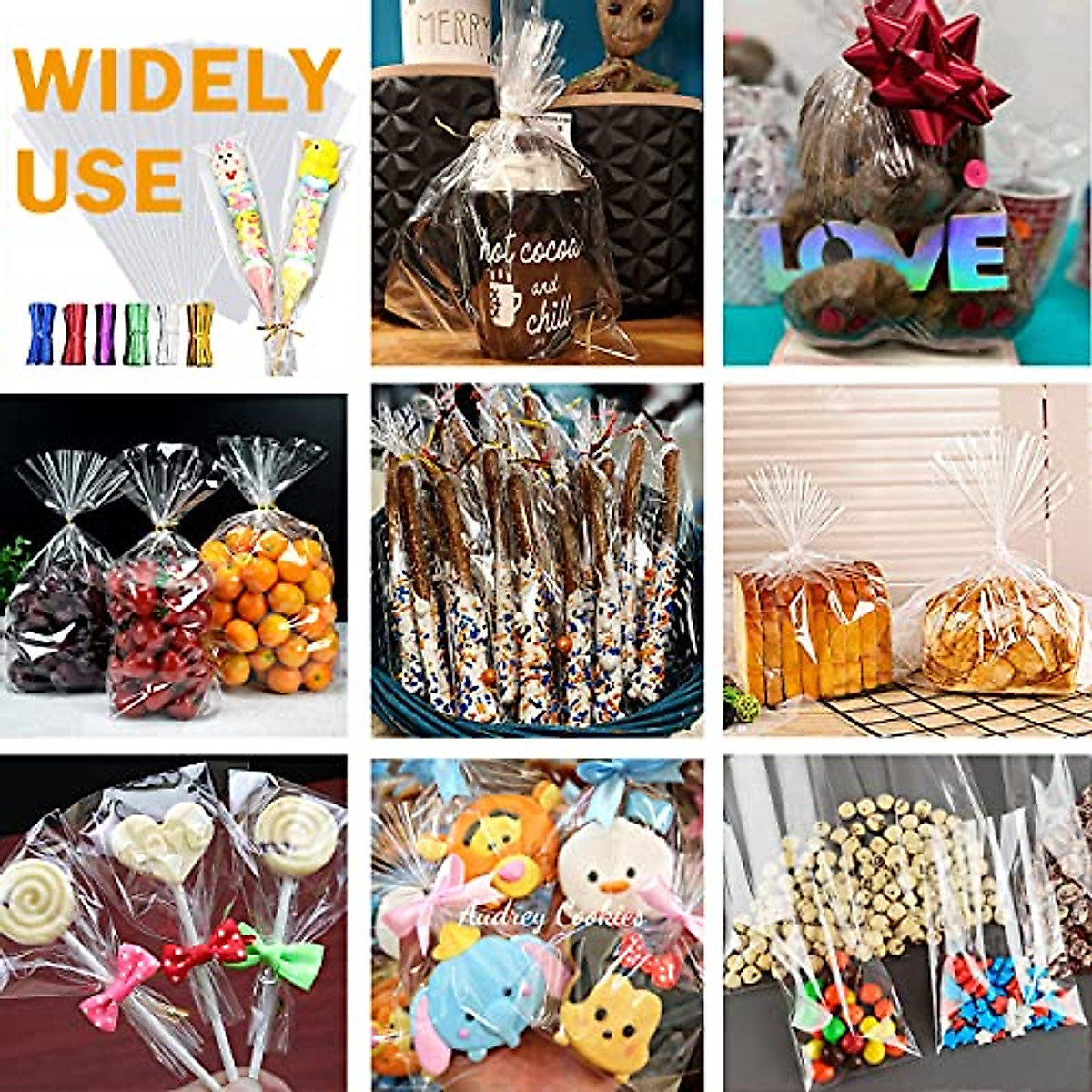 LEOSINDA 100pcs 3 X 11 Clear Long Flat Gift Wrap Cellophane Bags Cookie Bags with 6 Mix Colors Twist Ties Cello Goodie Treat Bags Bakery Party favor Packaging 1.3mil…