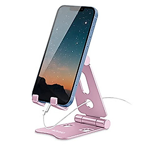 Aoviho Adjustable Cell Phone Stand Desktop Phone Holder - Updated Fully Foldable Stand for iPhone 12 13 11 X XR XS max 8 7 6 Plus Samsung iPad Mini Kindle (Rose Gold)