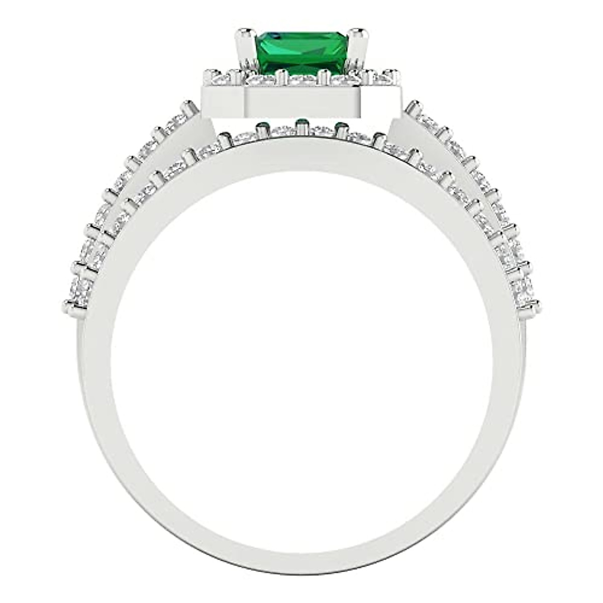 Clara Pucci 2.20ct Emerald Cut Halo Solitaire Simulated Emerald Engagement Promise Anniversary Bridal Ring Band set 14k White Gold 9.25