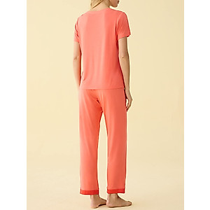 Latuza Women's V-neck Sleepwear Short Sleeves Top with Pants Pajama Set 2X Coral