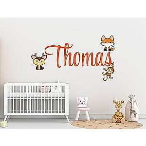 Personalized Boys Name Wall Decal - Boys & Girls Custom Name Wall Decal - Fox Wall Decal -Baby Deer Fox and Monkey Animal Theme - Wall Decal for Nursery Bedroom Decoration (Wide 16"x10" Height)