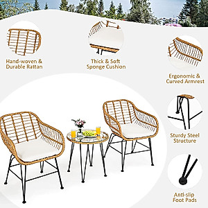 topment Bistro Table and Chairs Set of 2, Outdoor Patio Rattan Chair & Tempered Glass Coffee Table Set w/Removable Washable Beige Cushion Cafe Set for Indoor Balcony, Poolside, Garden (Pale Brown)