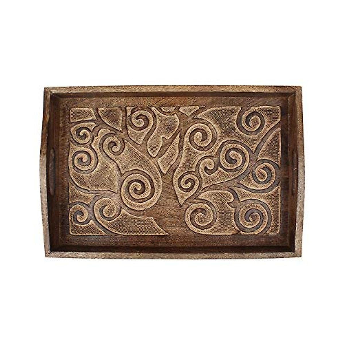 Tree of Life Hand Carved Wooden Breakfast Serving Tray with Handle for Tea Snack Dessert Kitchen Dining Serve-Ware Accessories 15 x 10 Inches