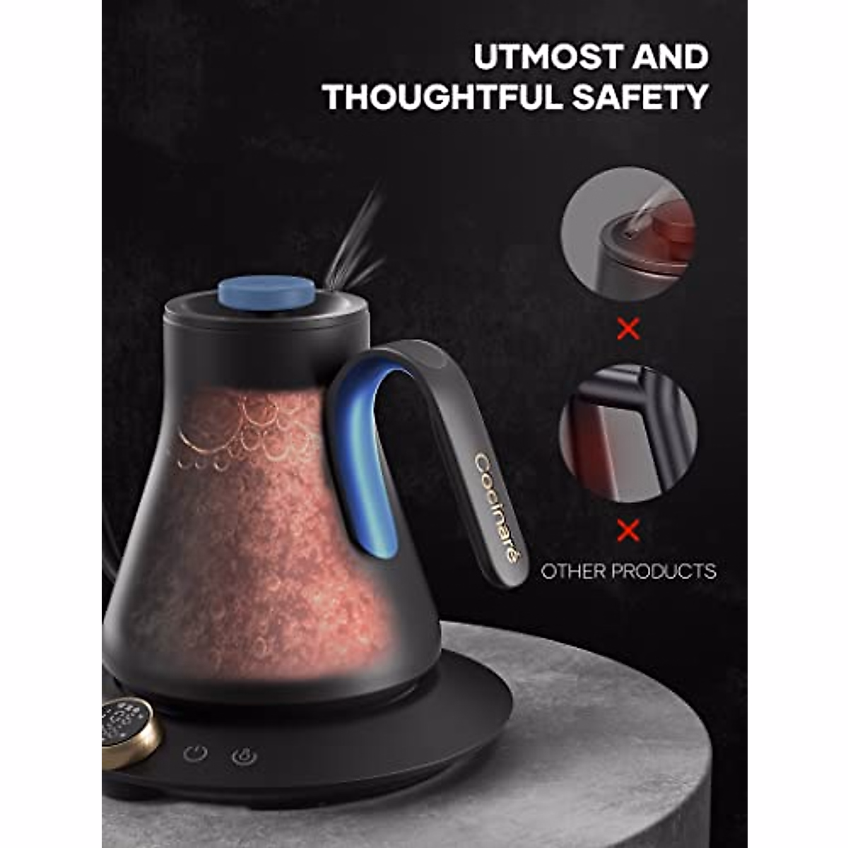 Cocinare Electric Gooseneck Kettle with Temperature Control, Pour Over Coffee & Tea, 1200W 180-sec Quick Boil Time, 600g Ultra Light, 0.9L, Black