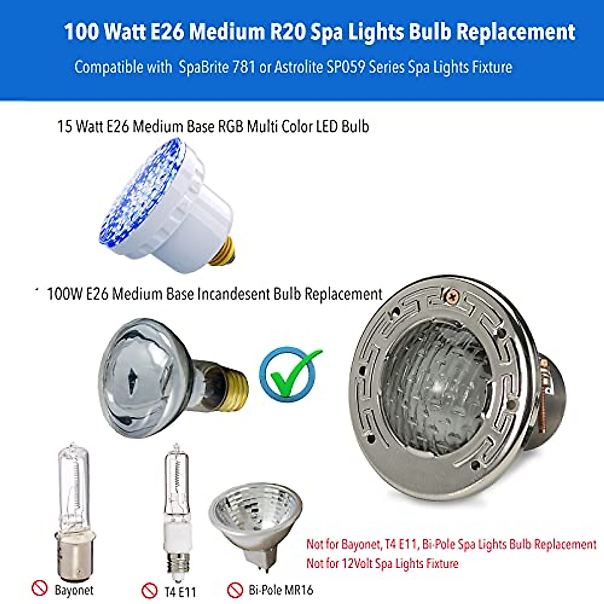 LAMPAOUS LED SPA Bulb, 15 Watt E26 LED Pool Bulb, 5 Color Show and 7 Solid Colors LED Hot Tub Replacement Bulb inground Lights Fixture, 120VAC Input