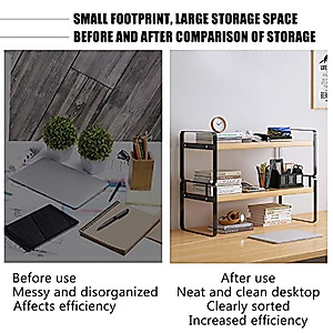 YGYQZ Wood Office Desk Shelf Organizer - Desktop Supplies Cute Dresser Top Organization Storage Rack and Cubicle Decor Aesthetic Bookshelf for Women Man and Kids (Black-Two Tier)