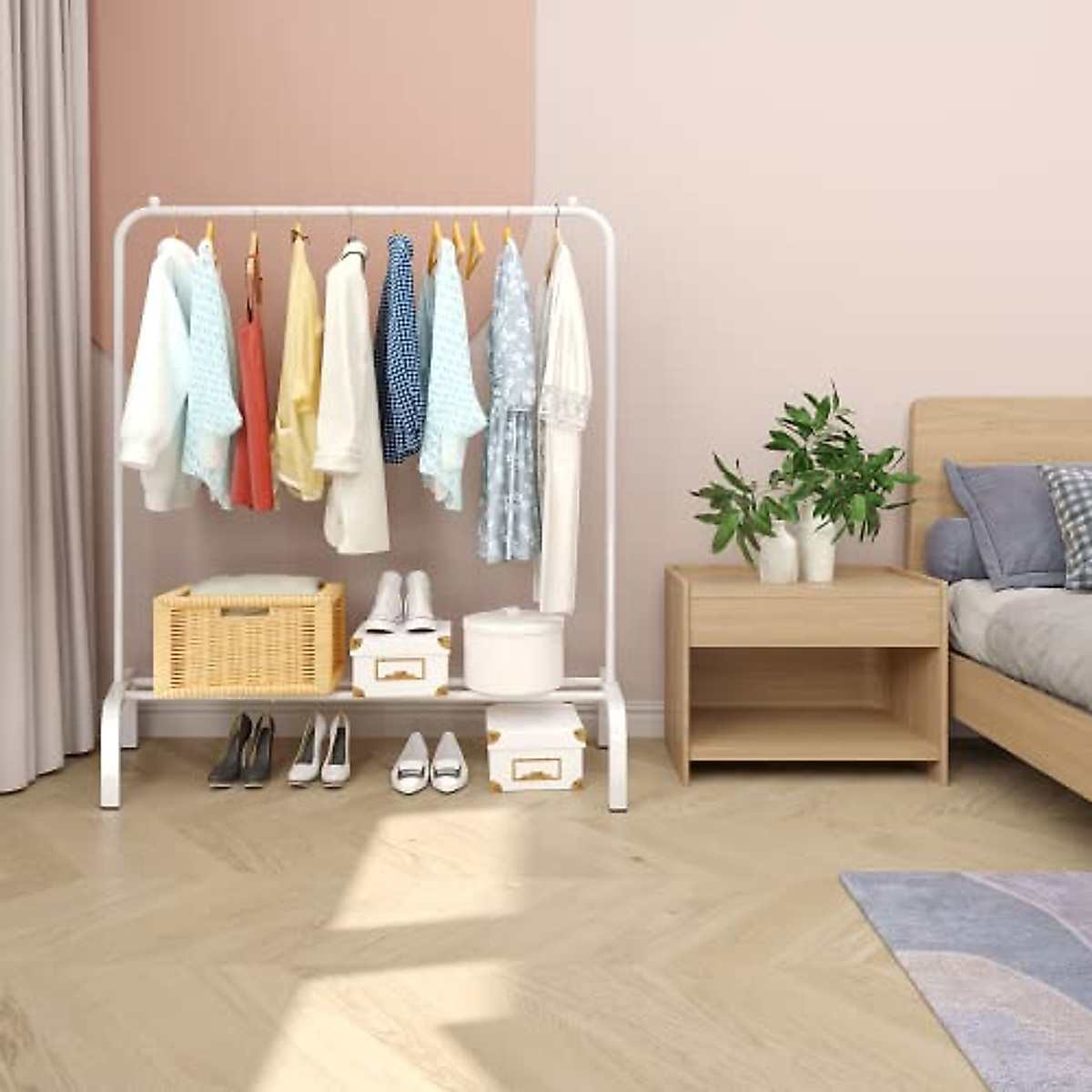 JIUYOTREE Metal Clothing Rack, 43.3 Inches Clothes Garment Coat Rack with Bottom Shelf for Hanging Skirts, Shirts, Sweaters, White