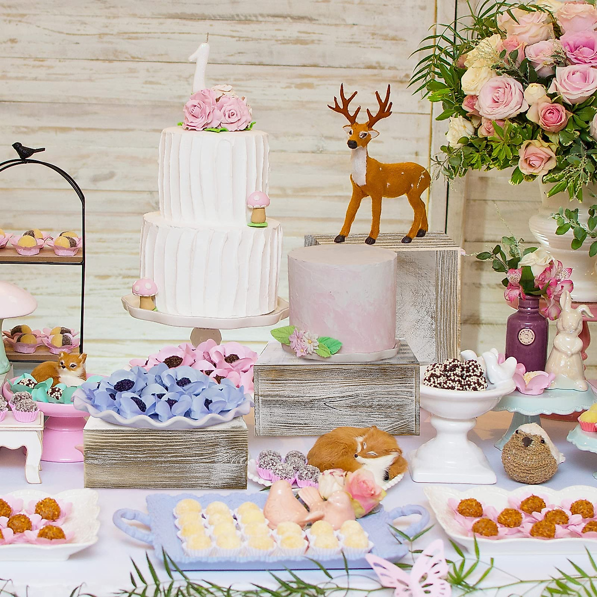 3 Pcs Whitewashed Wood Square Display Stand Crate Style Cake Stand Risers for Cupcake Appetizer Dessert Rustic Cupcake Stand Stackable Display Box Riser Stands