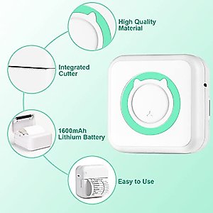 myuiojpn Portable Wireless Printer Mini Pocket Bluetooth Thermal Printers with 6 Rolls Printing Paper Compatible with Android iOS Smartphone for Label Receipt Photo Notes and Memos