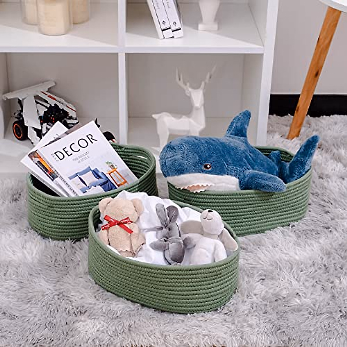 Kriitools Shelf Storage Baskets for Organizing|Decorative Basket for Closet Storage|Toy Baskets&Bins|Small Woven Rope Baskets-13x8.66x5.11’’,Durable&Stylish,Oval 3 Packs Green