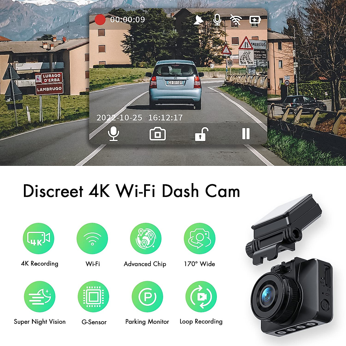 4K Dash Cam Built-in Wi-Fi UHD2160P Discreet Car Dashboard Camera Recorder with 24-Hour Parking Monitor, Super Night Vision, Loop Recording, 170° Wide Angle, Support APP