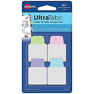 Avery Mini Ultra Tabs, 1" x 1.5", 2-Side Writable, Pastel Purple/Blue/Pink, 40 Repositionable Tabs (74761)