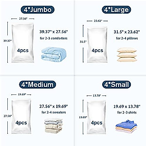 Vacuum Storage Bags, OFFSIR 16-Pack Vacuum Sealer Bags Space Saver Bags Compression Bags for Comforters Blankets Bedding,Vacuum Seal Bags for Clothes with Hand Pump-4 Jumbo,4 Large,4 Medium,4 Small