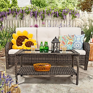 Joyside Patio Furniture Set 2-Piece Wicker Outdoor Furniture Conversational Sets with 3-Seat Sofa, Patio Rattan Coffee Table Patio Rattan Wicker Sectional Sofa Set with Cushions(Mixed Grey/Beige)