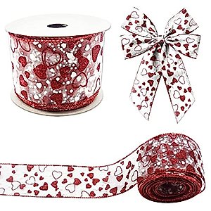Valentine's Day Ribbons for Wreath Bows Wrapping Gifts, Organdy Heart Ribbons for Valentine's Day Wedding Decoration DIY Crafts, 2.48" X 10 Yards Wired Edge Burlap Ribbon
