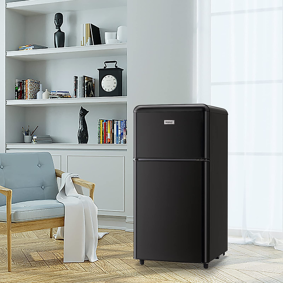 WANAI Mini Fridge Dual Door Refrigerator with Freezer, Compact Refrigerator with Adjustable Temperature & Removable Glass Shelves, Fridge for Apartment/Dorm/Office/Kitchen, Energy Saving, BLACK