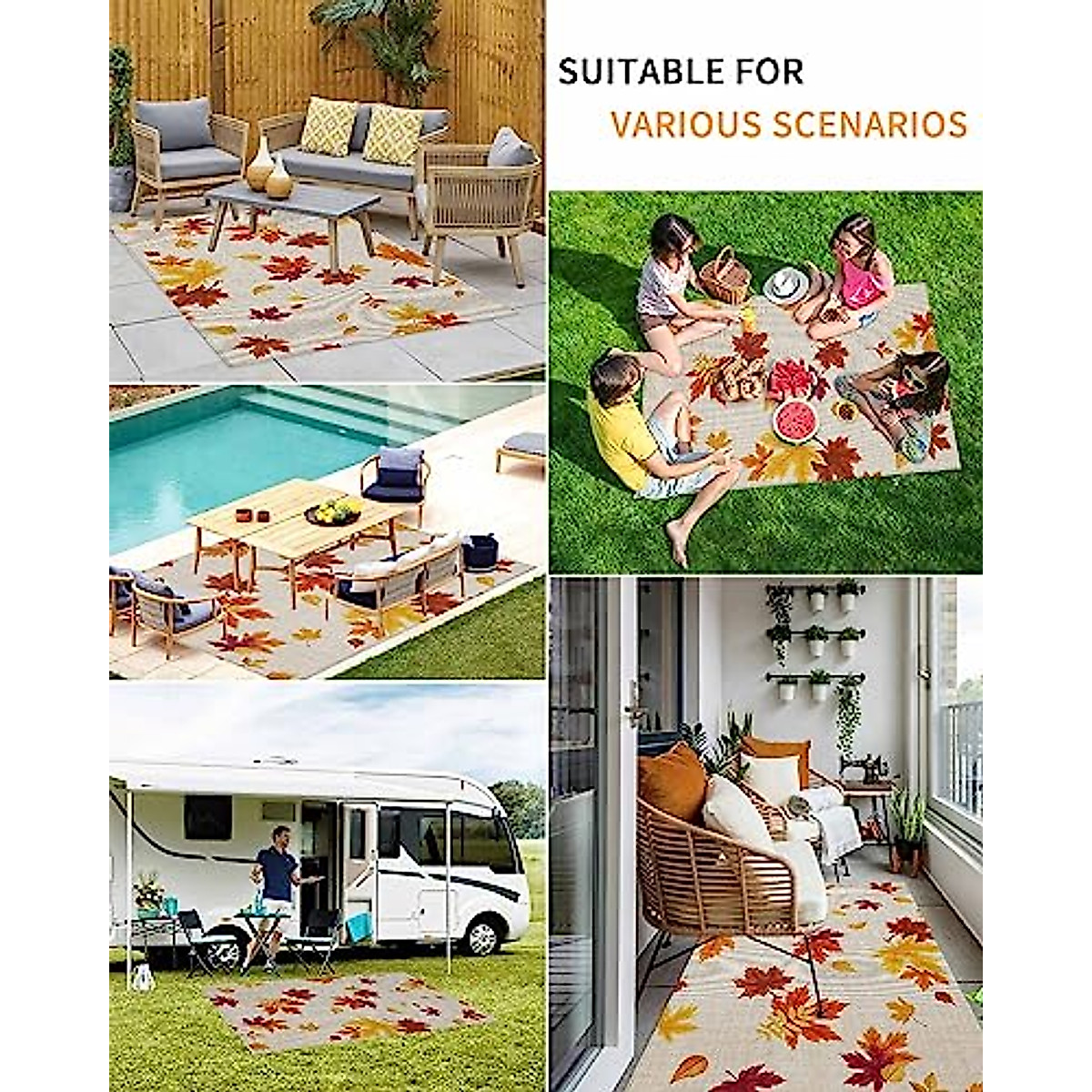 Autumn Maple Leaf Indoor/Outdoor Rug Mat Fall Thanksgiving Day Outside Carpet RV Camping Area Rugs with Rubber Backing for Living Room/Backyard Floor Decor Falling Leaves Seamless on Linen,4x6ft