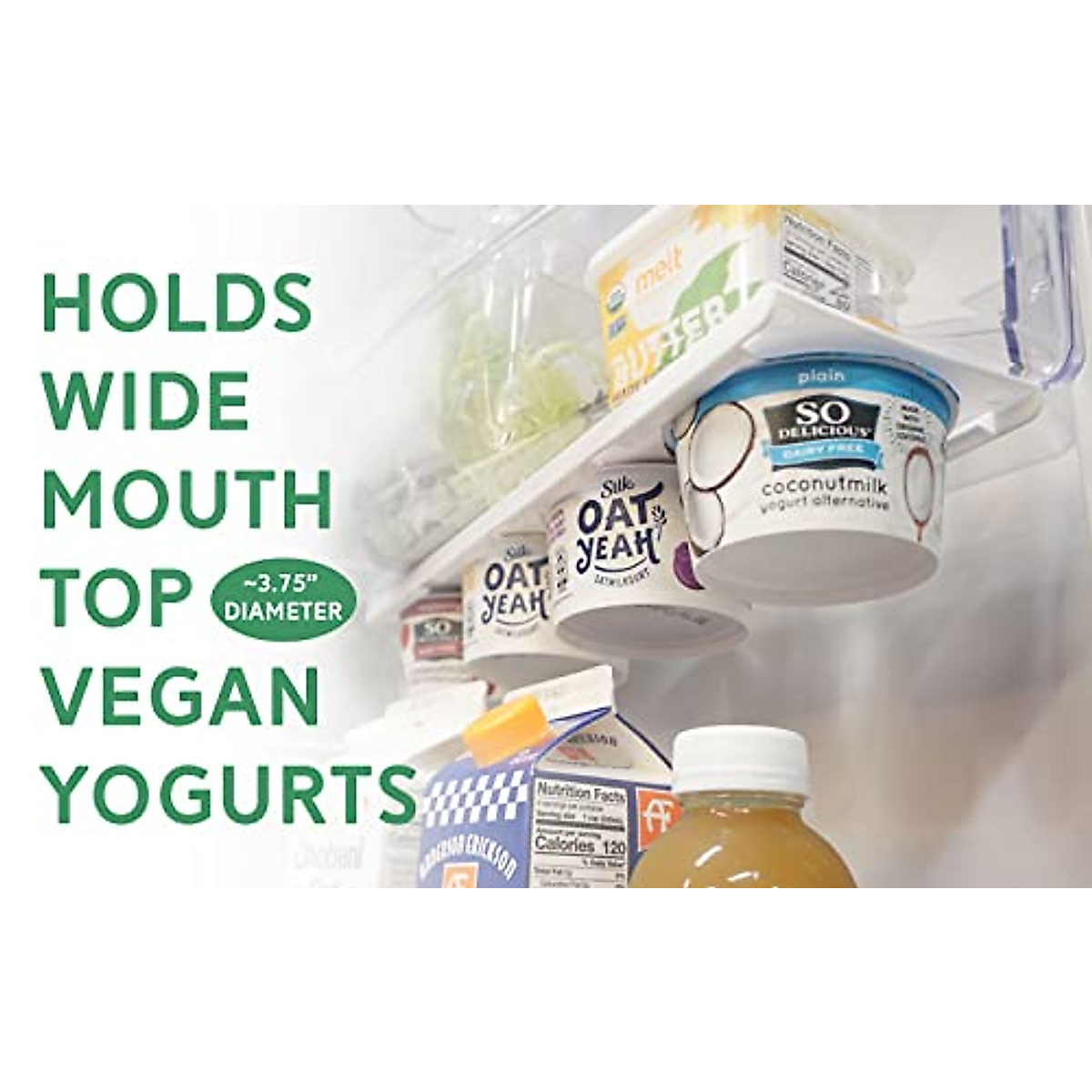 Storage Theory Yogurt Fridge Organizer - Holds up to 4 Wide-Mouth Vegan and Greek Yogurt Cups Each - Peel and Stick Slider Shelf for Small Refrigerator Spaces - 2 pc