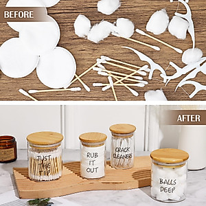 Fixwal 4 Pack Qtip Holder Glass Dispenser, Apothecary Jars with Bamboo Lids and Labels for Bathroom Storage Organizer (10&12oz)