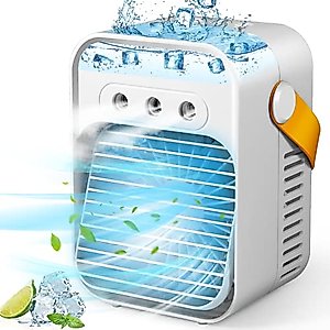 Portable Air Conditioner Fan,Personal Evaporative Air Cooler Quiet Desk Fan with Handle,Rechargeable Humidifier with 7 Colors Light,3 Speeds & 3 Spray Modes for Room Office Home Travel,White 2021s