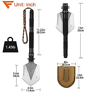 FiveJoy Survival Shovel Multitool (C1) - Portable Collapsible Tactical Tool - Entrenching Backpack Equipment for Hiking Camping Emergency Car - Gifts for Men Dad Husband