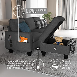 Sectional Sofa L-Shaped Couch, Couches for Living Room with Reversible Storage Chaise & Side Storage Pockets, 3-Seat Linen Modular Sofa for Living Room/Apartment/Dorm/Office/Small Space (Dark Gray)