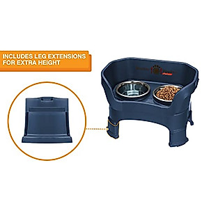 Neater Feeder Deluxe with Leg Extensions for Medium Dogs - Mess Proof Pet Feeder with Stainless Steel Food & Water Bowls - Drip Proof, Non-Tip, and Non-Slip - Dark Blue