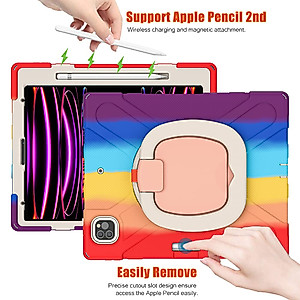 Kids Case for iPad Pro 12.9 Inch 6th/5th/4th/3rd Generation 2022 2021 2020 2018, SCSVPN Shockproof Silicone Protection Cover with Pencil Holder- Rotating Stand/Handle- Shoulder Strap, Colorful Red