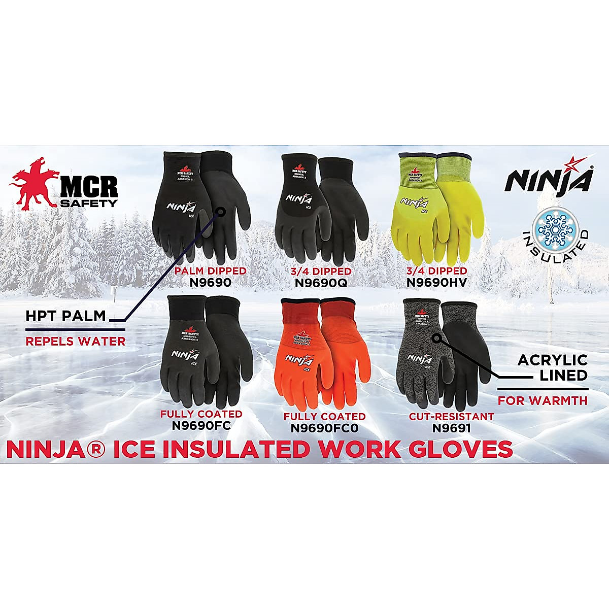 MCR Safety Gloves N9690FCM Ninja ICE Insulated Work Gloves 15 Gauge Black Nylon with Acrylic Terry Interior, HPT Coated, Medium, 1 Pair