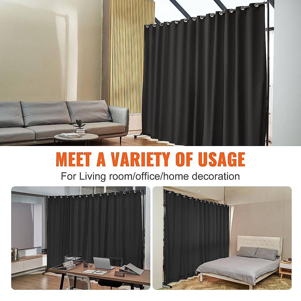 VEVOR Room Divider, 8 ft x 10 ft Portable Panel Room Divider with Wheels Curtain Divider Stand, Room Divider Privacy Screen for Office, Bedroom, Dining Room, Study, Black