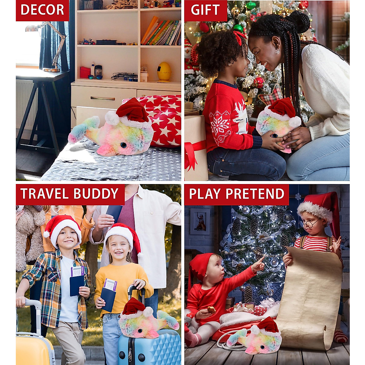 DolliBu Santa Large Rainbow Whale Stuffed Animal Plush Toy - Soft Wild Animal Dress Up with Red Santa Claus Hat, Cute Wildlife Gift, Perfect Holiday with Name Personalization - 9 Inches