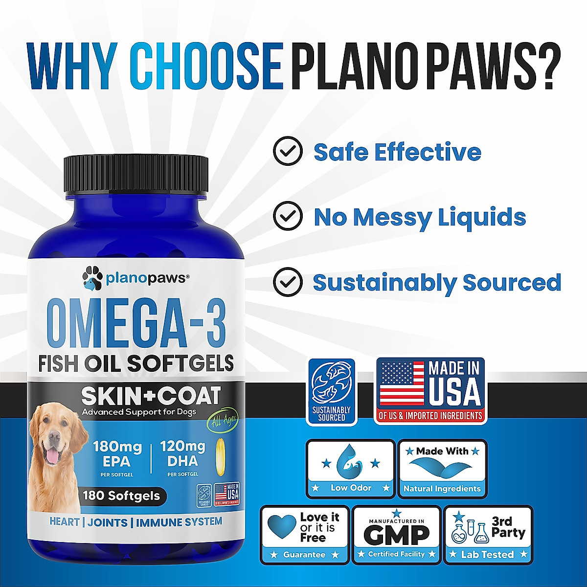 Omega 3 Fish Oil for Dogs Capsules - Salmon Oil for Dogs - Dog Fish Oil Supplement May Help Shedding, Allergy, Itching - Support Dry Skin, Joints - Dog Skin and Coat Supplement - 180 Fish Oil Pills