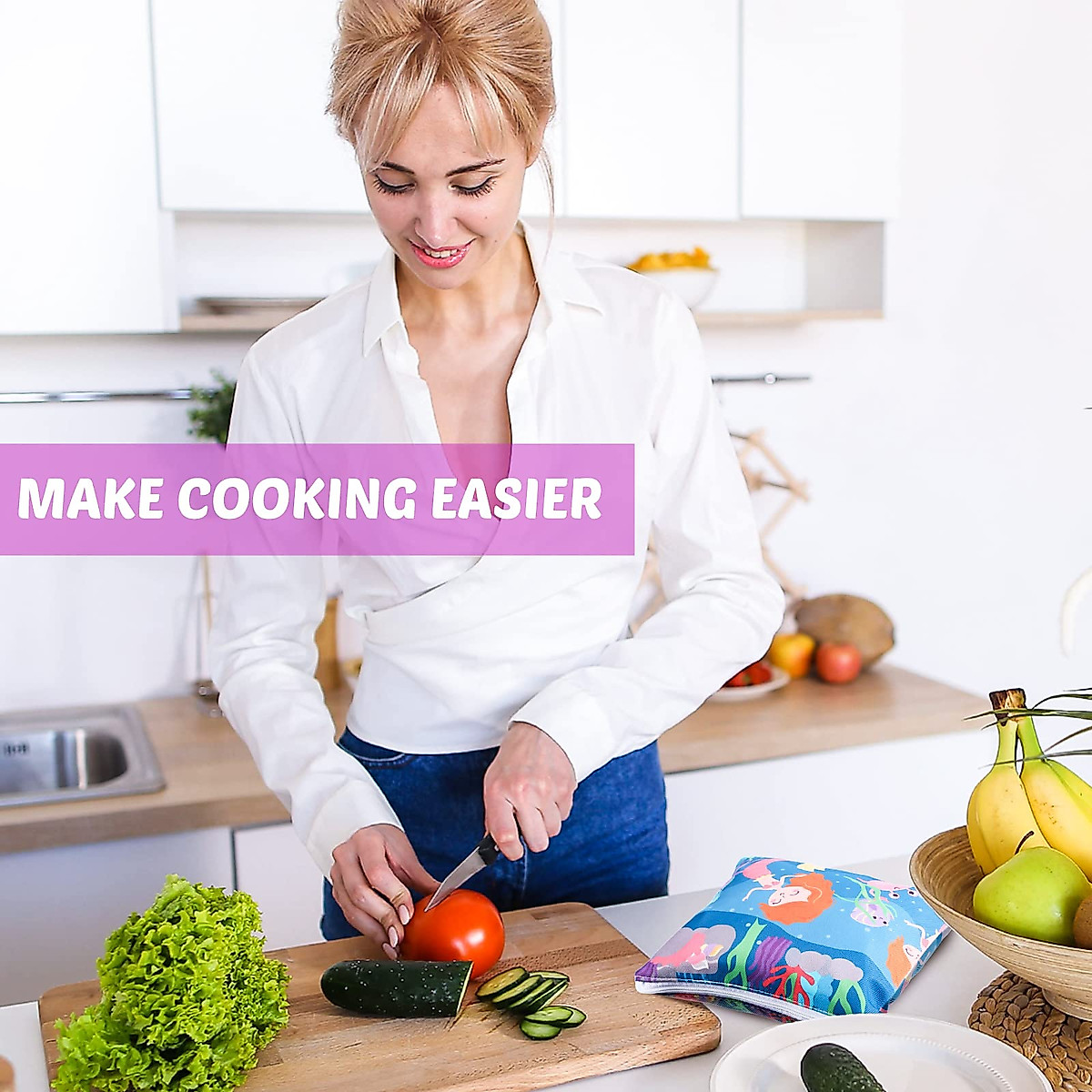 Chumia 6 Pieces Reusable Snack Sandwich Bags School Lunch for Kid Students Adults Large Snack Pouch Zipper Cartoon Washable Bags for Food 7 x 7 Inch