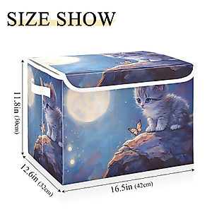 AIXIWAWA Storage Cube with Lid (Night Cute Cat), Fabric Foldable Closet Bins with Flip Lid and Handles, Organizer Basket Container 16.5 x 12.6 x 11.8 IN