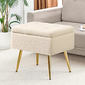 Furniliving Vanity Stool, 19.75" W x 14.75" W x 18.5" H Sherpa Vanity Bench with Storage, Faux Fur Vanity Chair for Makeup Room, Comfy Foot Rest Modern Ottoman for Bedroom, Living Room(IvoryWhite)