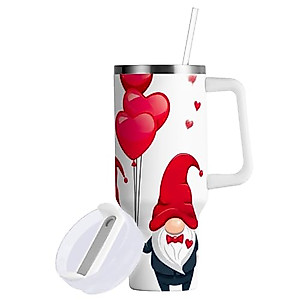 Cute Valentine's Gnome Stainless Steel Tumblers with Handle and Straw Lid for Water, Water Tumbler 30 OZ / 0.89 L