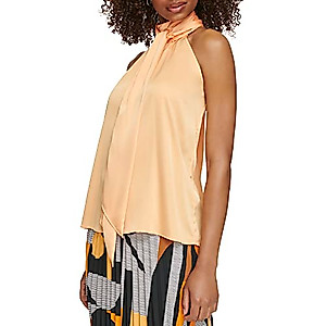 Karl Lagerfeld Paris Women's Halter Front Tie Sleeveless Blouse, Apricot, Large