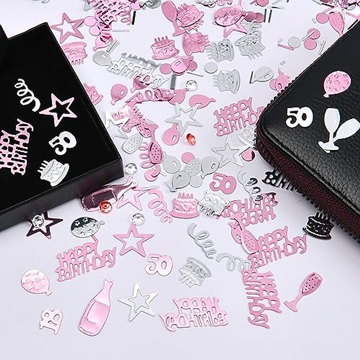 OSDUE 3000 Pieces Pink Gold Silver Happy Birthday Confetti, 50 Years Birthday Cake Confetti, Metallic Foil Balloon Confetti, Table Scatter Confetti Decoration Supplies, for Birthday Party (50th Style)