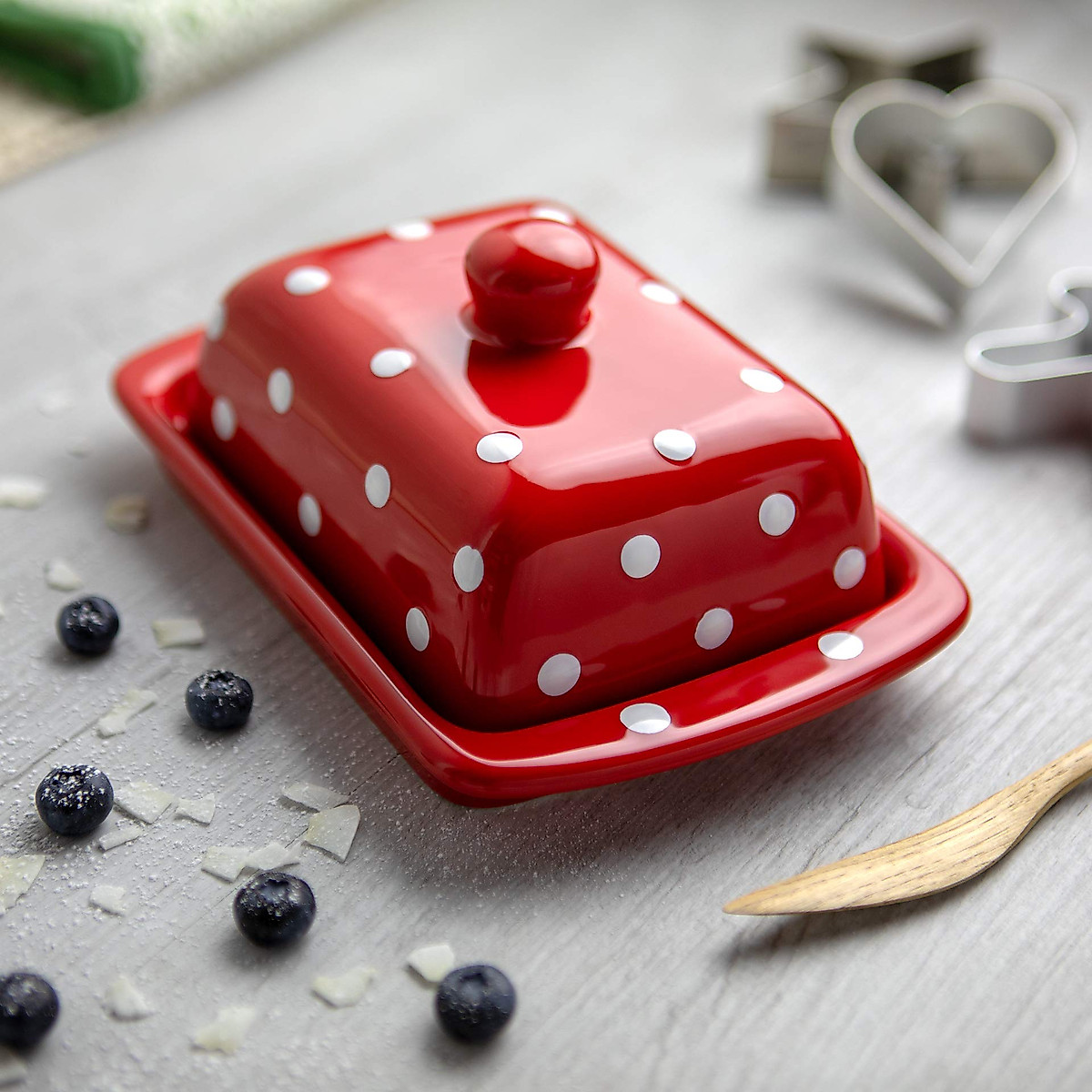 Handmade Ceramic European Covered Butter Dish With Lid | Unique Red and White Polka Dot Pottery Butter Keeper | Housewarming Gift by City to Cottage®